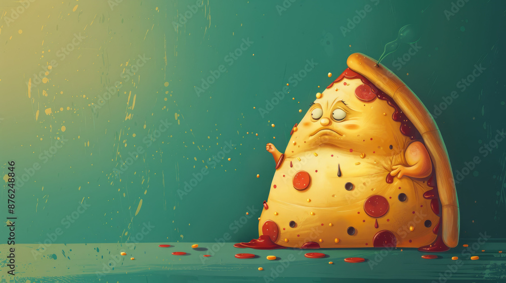 A humorous digital illustration of a sad, anthropomorphic pizza slice ...