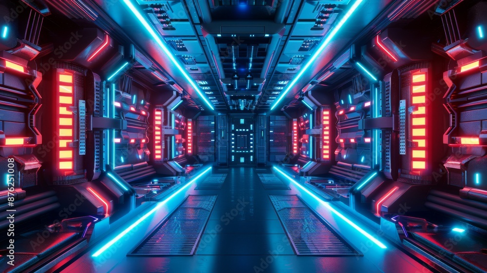 High-tech portal in a futuristic facility with glowing blue and red ...