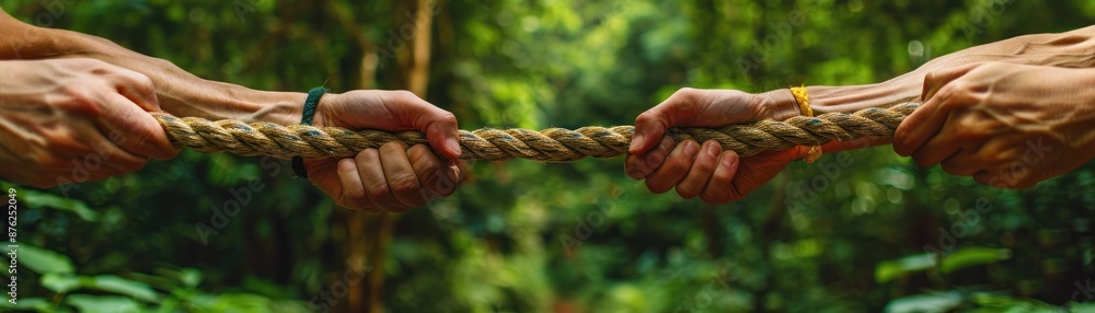Close-up of hands pulling a rope in a tug-of-war game, symbolizing ...