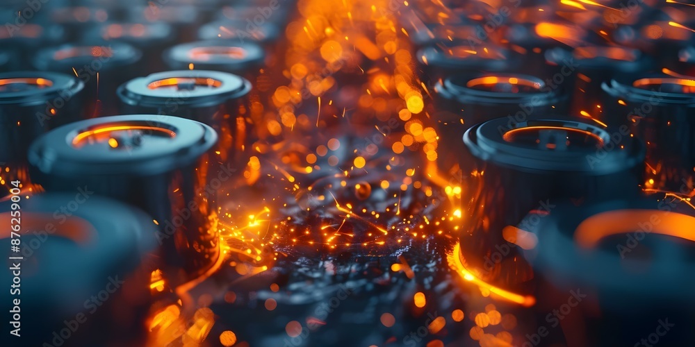 3D illustration showing lithium ion battery operation with ions moving ...