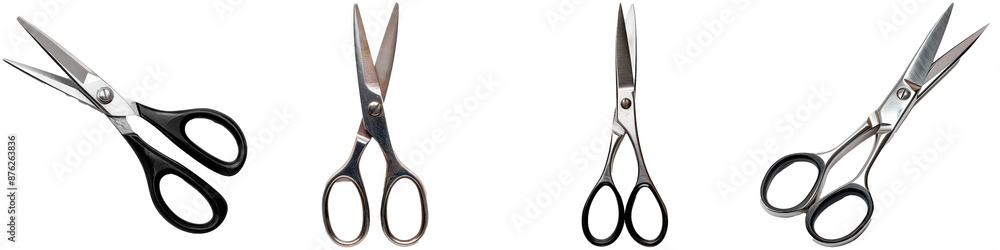 Four pairs of scissors are shown in a row, with the handles facing up ...