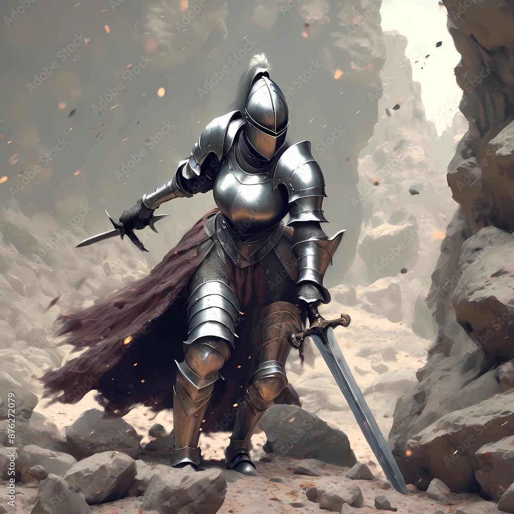 female knight, wearing armor, carrying a sword, wearing a shield, in ...