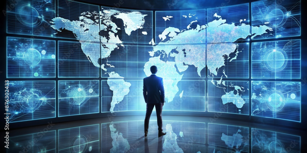 Global Network Surveillance Man Standing Before a Wall of Screens ...