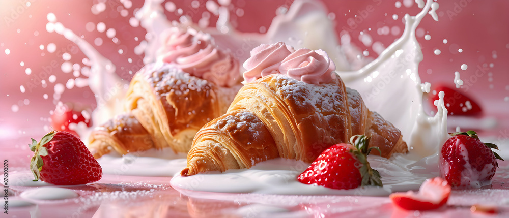 croissants with strawberries and cream milk splashes sweet pastry ...