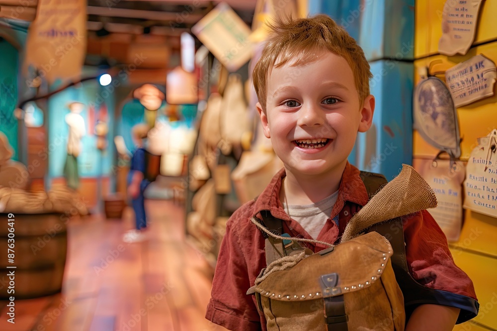Kid as a historian with old documents and artifacts in a colorful ...
