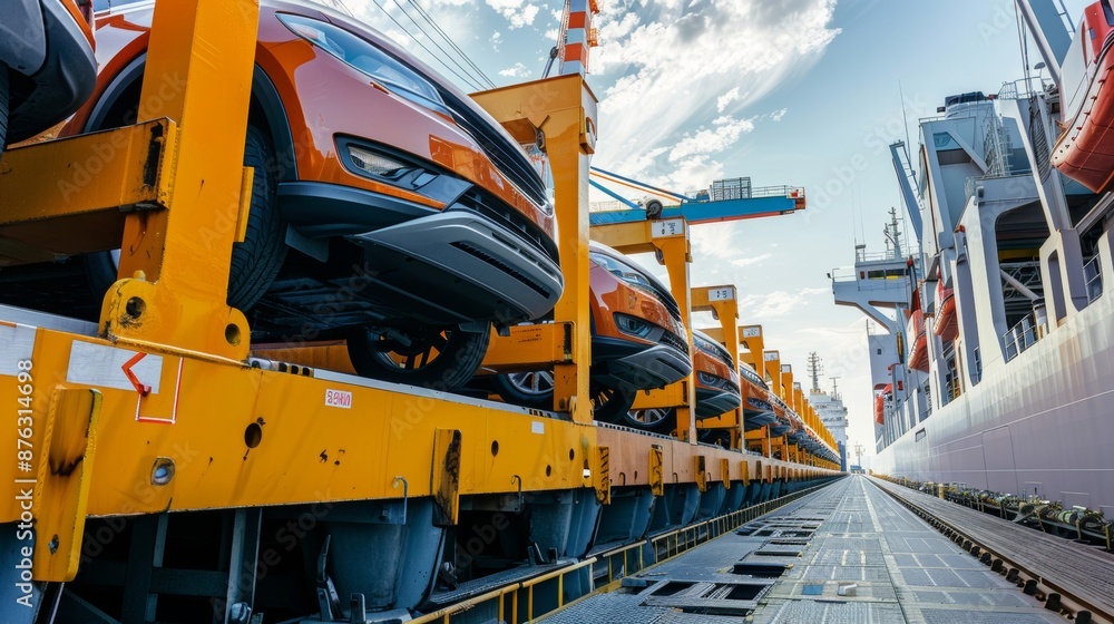 A close-up of a vehicle carrier vessel loading cars for global shipping ...