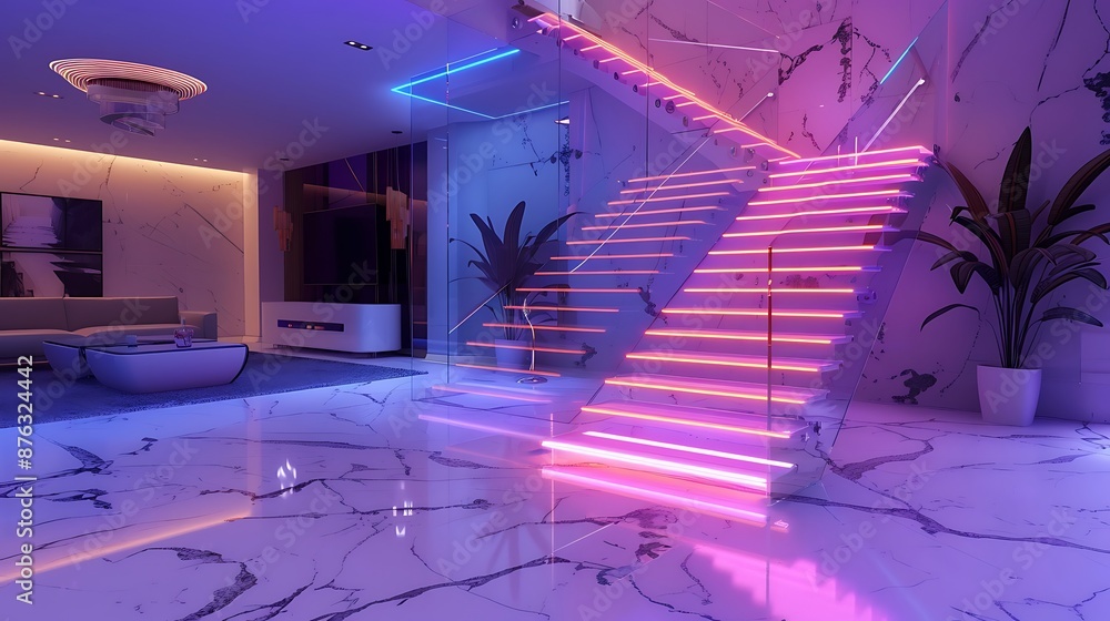 Minimalist L-shape floating neon stairs with RGB LED under-tread ...