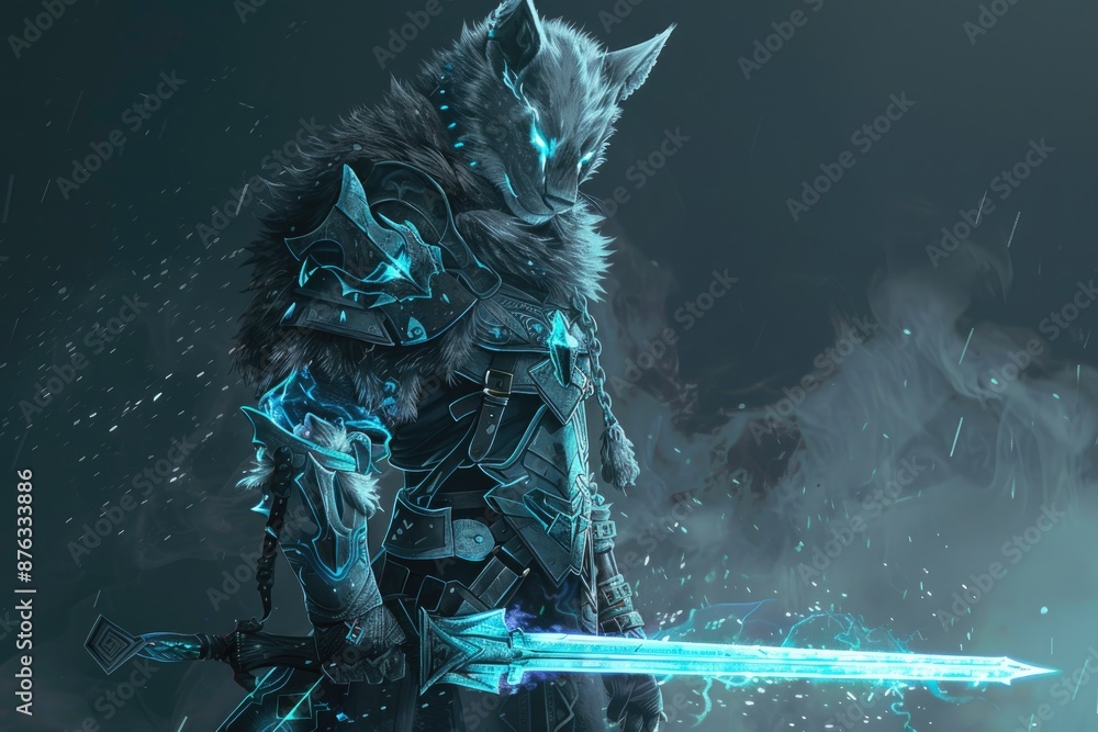 sad face expression wolf character glowing light blue tattoos, wolf ...