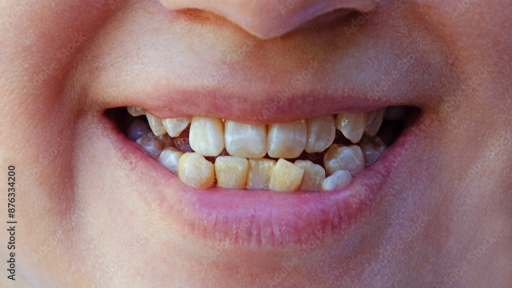 mouth woman with yellow sick and missing teeth, mouth of smoker ...
