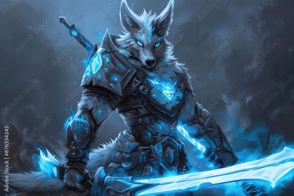 powerful female wolf character glowing light blue tattoos, wolf ears ...