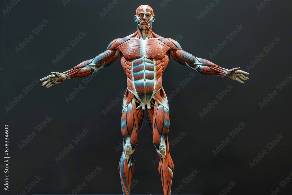 Full body anatomical model showcasing human muscular system with arms ...