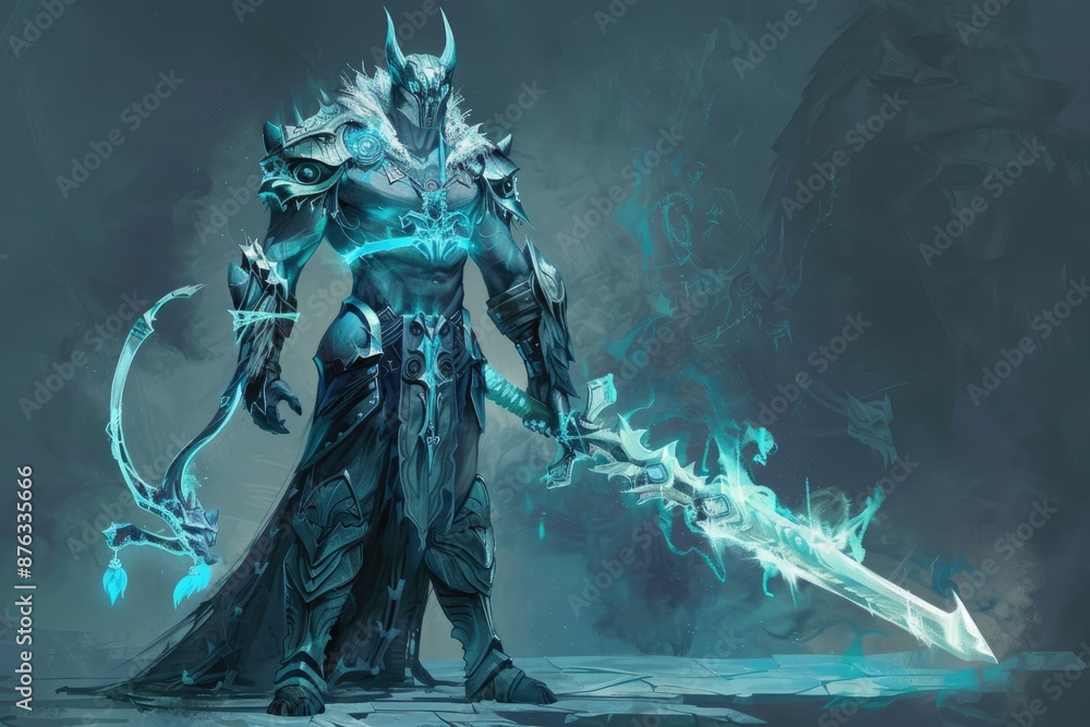 full body, wolf devil character glowing light blue tattoos, wolf ears ...
