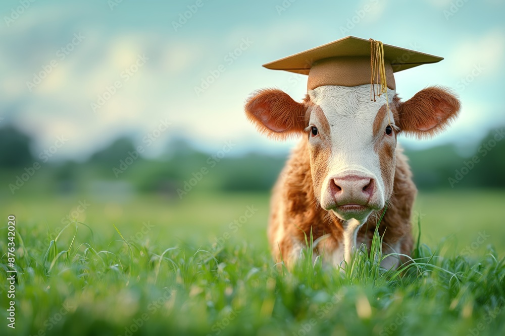 Here is the phrase in lower case: an adult cow wearing a graduation cap ...