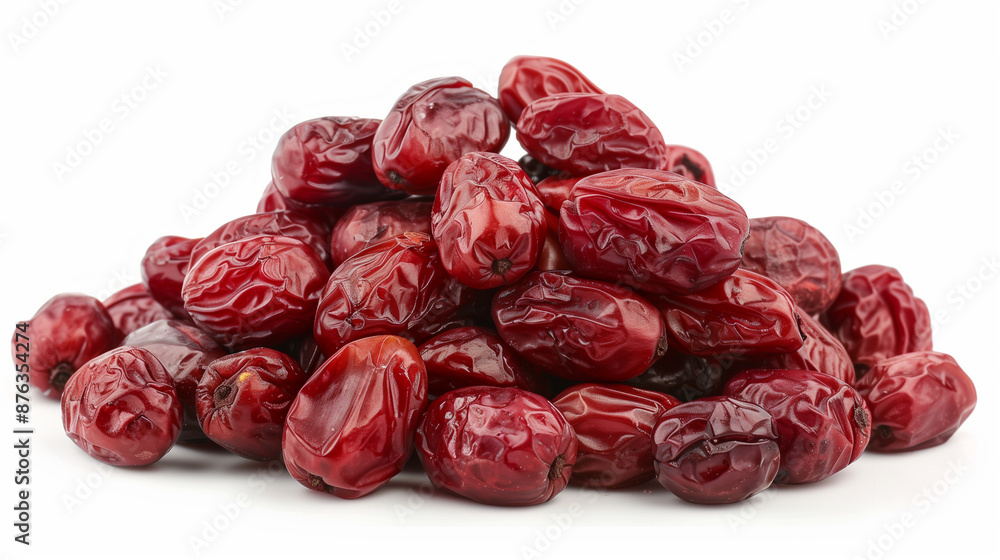 Dried Chinese dates in intense red color, exposed on a white background ...