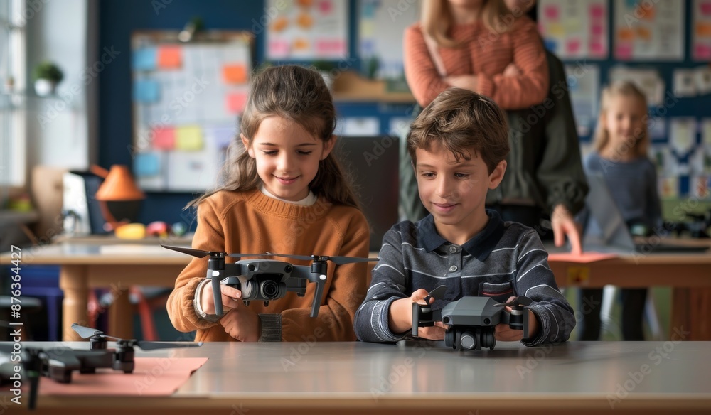 Children playing with drones in a classroom setting, smiling and having ...