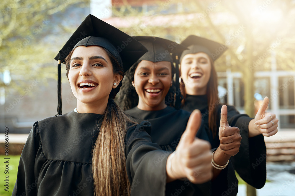 Students, women and thumbs up for graduation in row on campus with ...