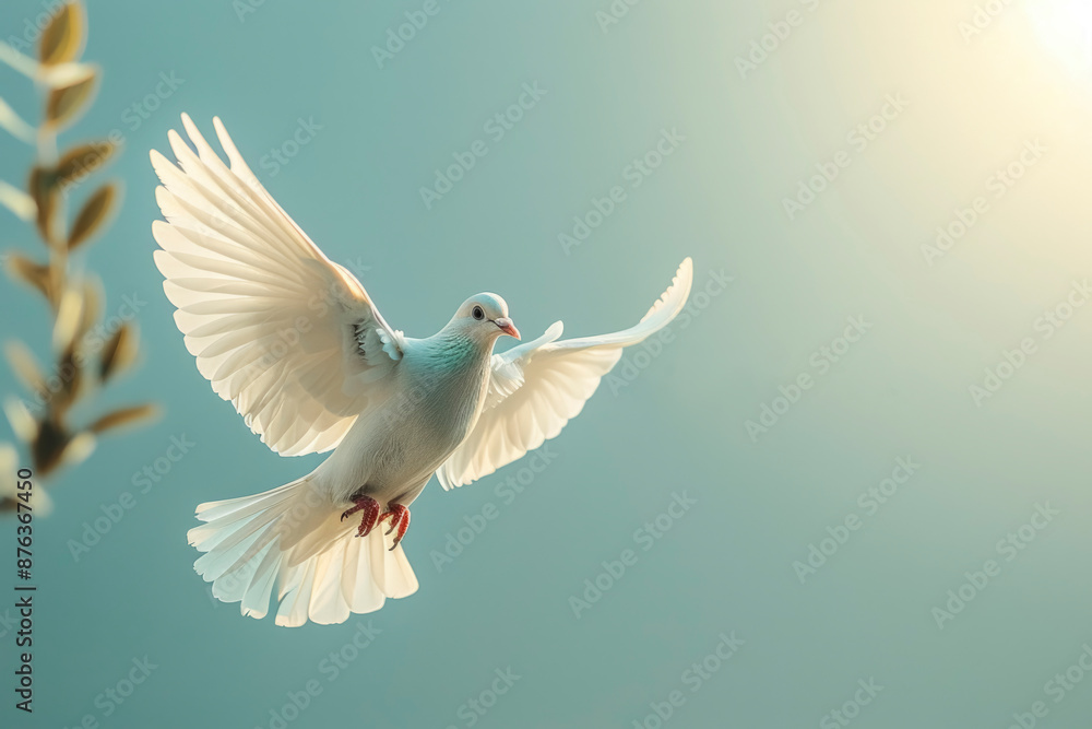 Dove of peace. a white dove in flight carrying an olive branch in its ...