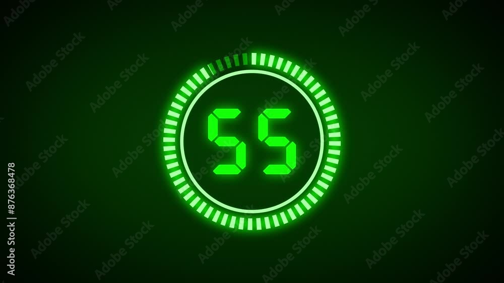 1 minute countdown timer animation from 60 to 0 seconds. digital green ...
