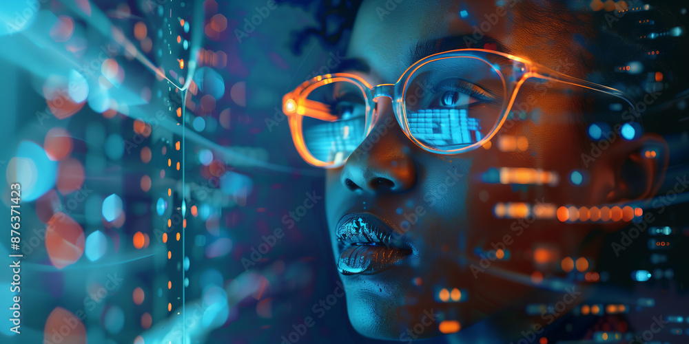 Foto de Software developer illuminated by the glow of multiple monitors, deep in focus, with ...