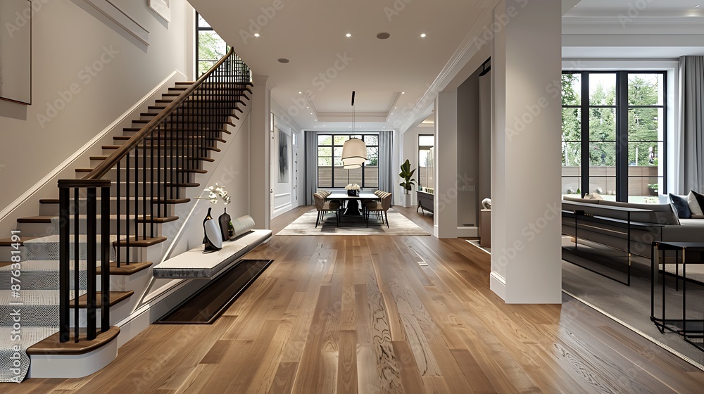 Elegant suburban foyer with hardwood floors and a grand staircase ...