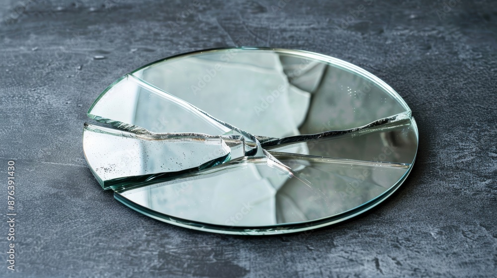 Broken Round Mirror On Concrete. A photograph capturing a shattered ...