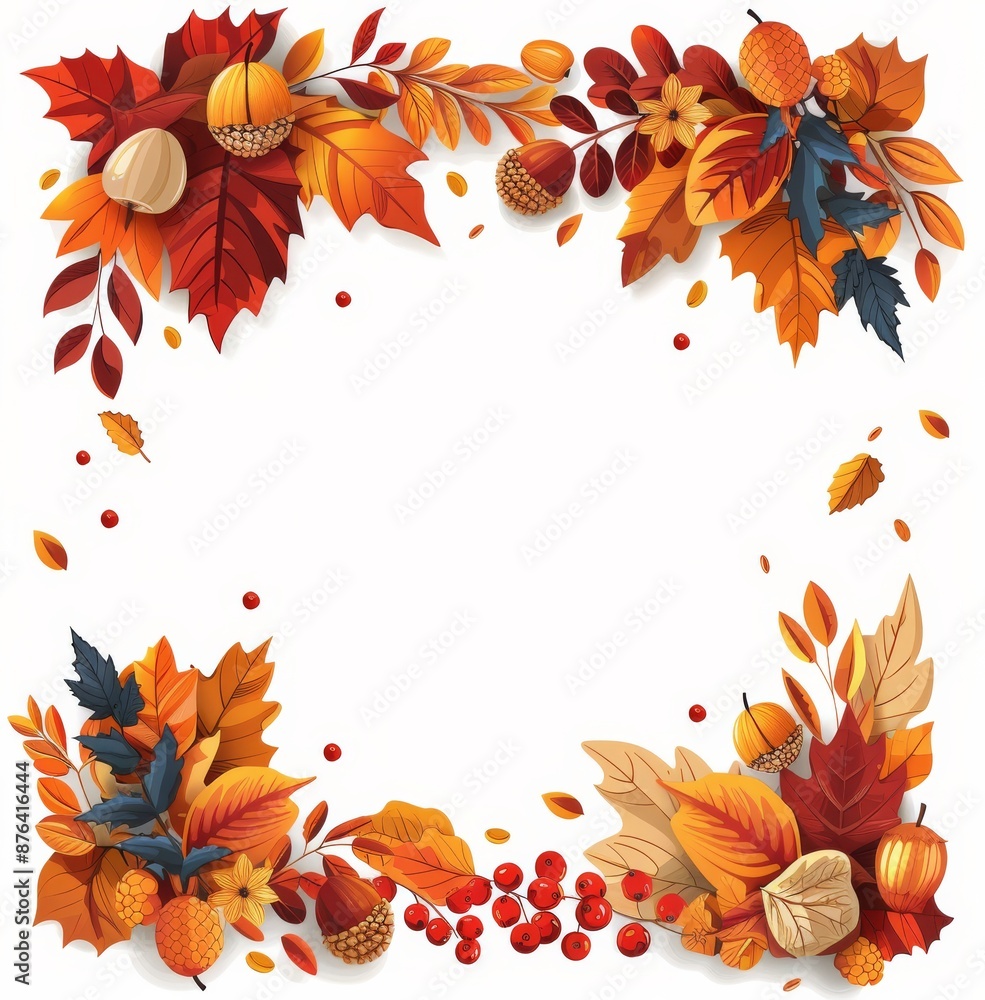 Colorful Autumn Leaves Border Design With Red Berries and Acorns Stock ...