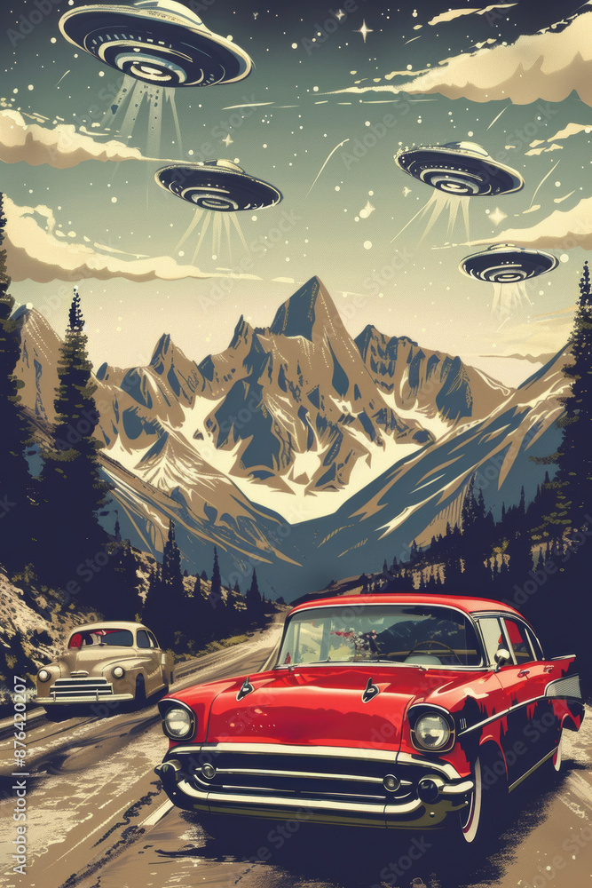 Vintage style illustrayion design of classic cars and UFOs in the sky ...