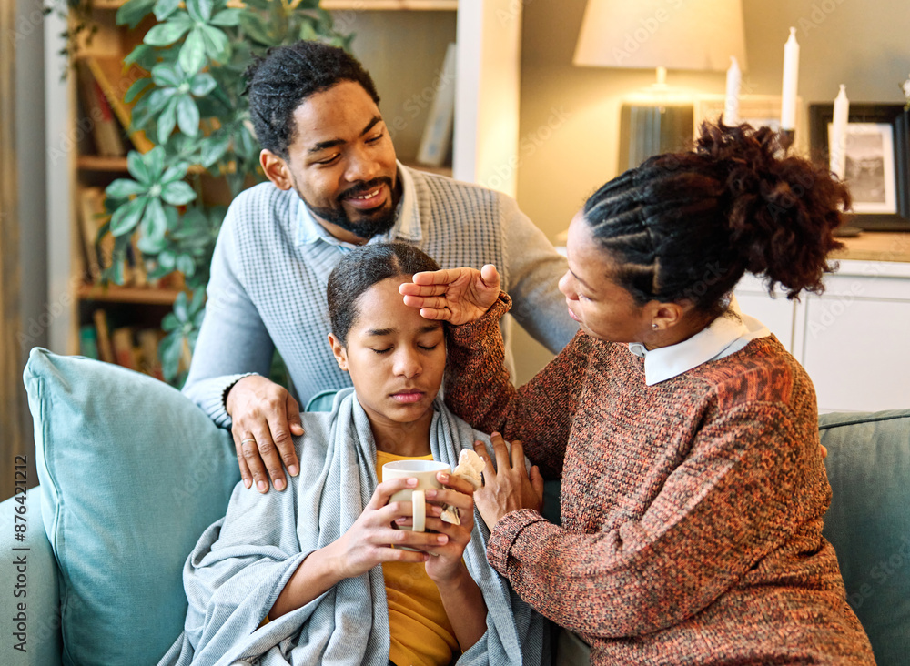 child mother family care home woman sick flu fever daughter health girl ...