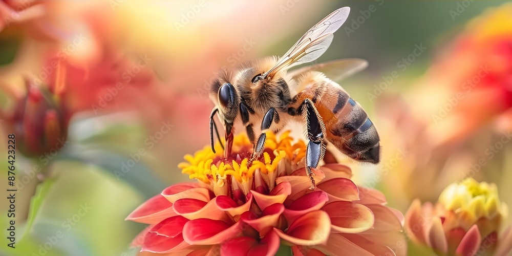 Macro photo of bee pollinating vibrant flower highlighting vital role ...