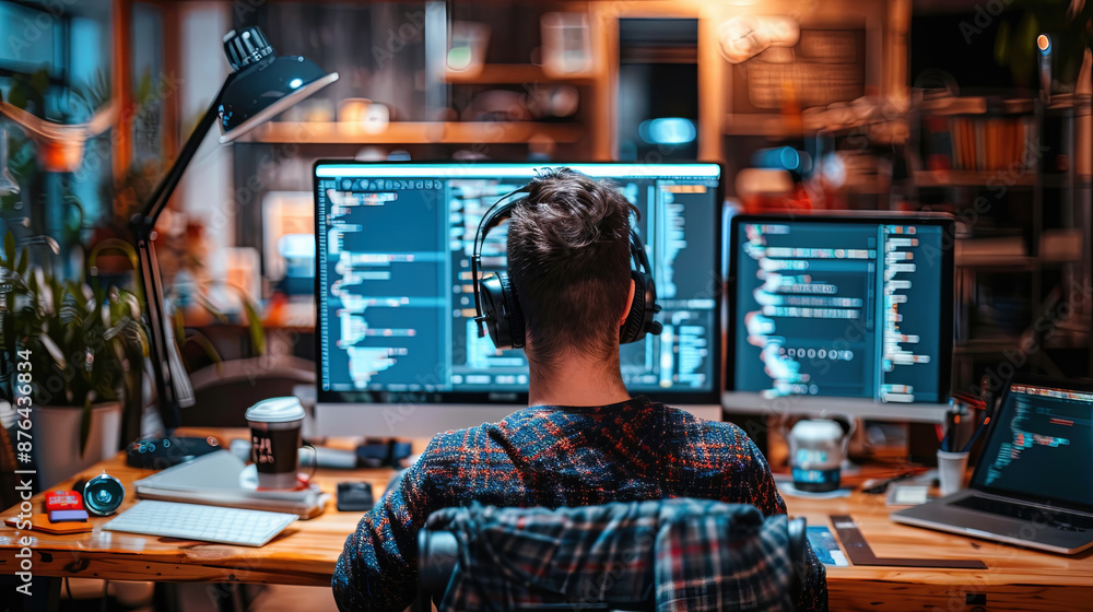 Software Developer Working Late From Home Office Setup With Multiple ...