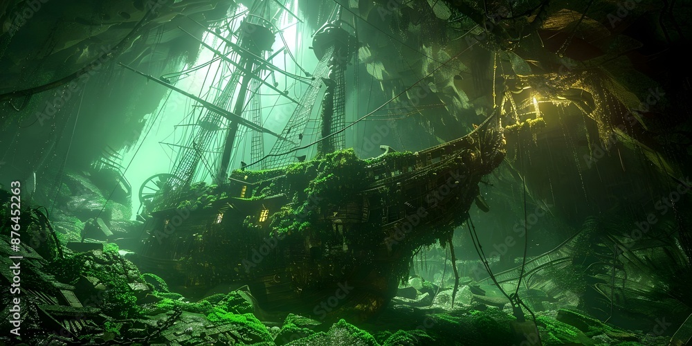 Nighttime pirate ship with glowing moss on stone ceiling in surreal ...