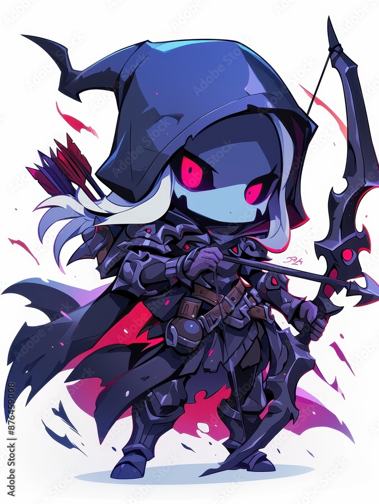 Cute chibi dark elf archer with glowing red eyes, ready to shoot an ...