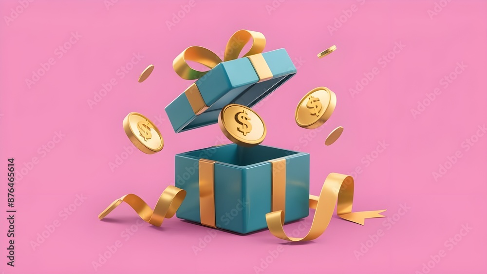 3D rendering of an open gift box, revealing a floating gold coin and a ...