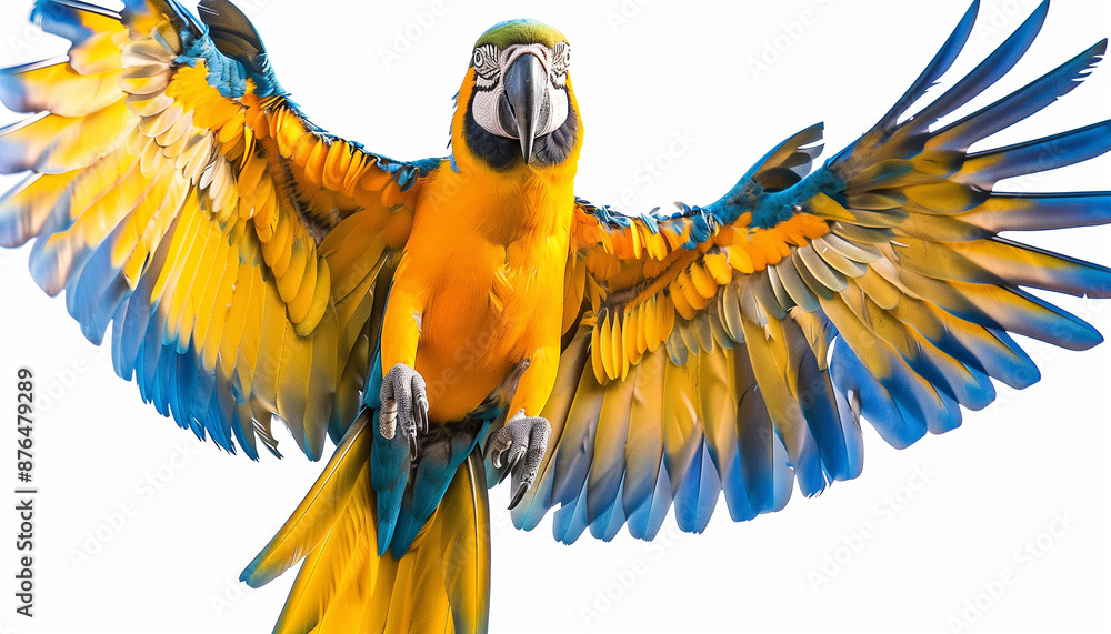 Colorful macaw parrot with extended wings, featuring blue, yellow, and ...