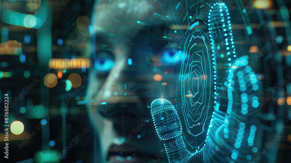 Face, hand and data of biometric identification, person during work of ...