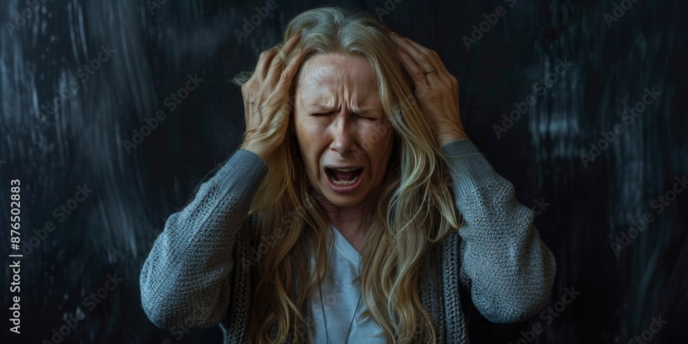 Scary dark background, screaming senior woman, bipolar anxiety, tension ...