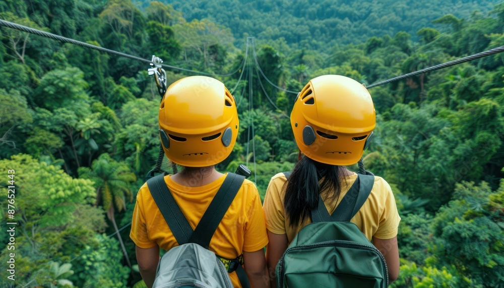Adventure Couple Ziplining Through Lush Rainforest Canopy, Thrilling ...