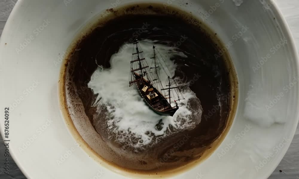 A coffee cup with turbulent seas of stormy coffee. A tiny ship sails ...