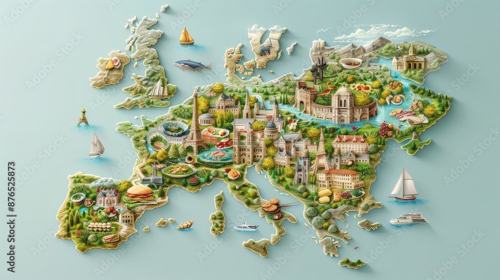 Illustrated map of Europe showcasing famous landmarks, cities, and ...