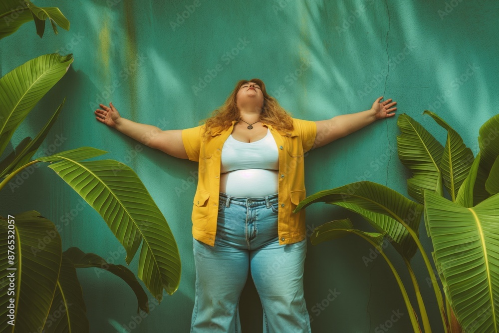 beautiful plump woman in a white T-shirt and yellow vest on a turquoise ...