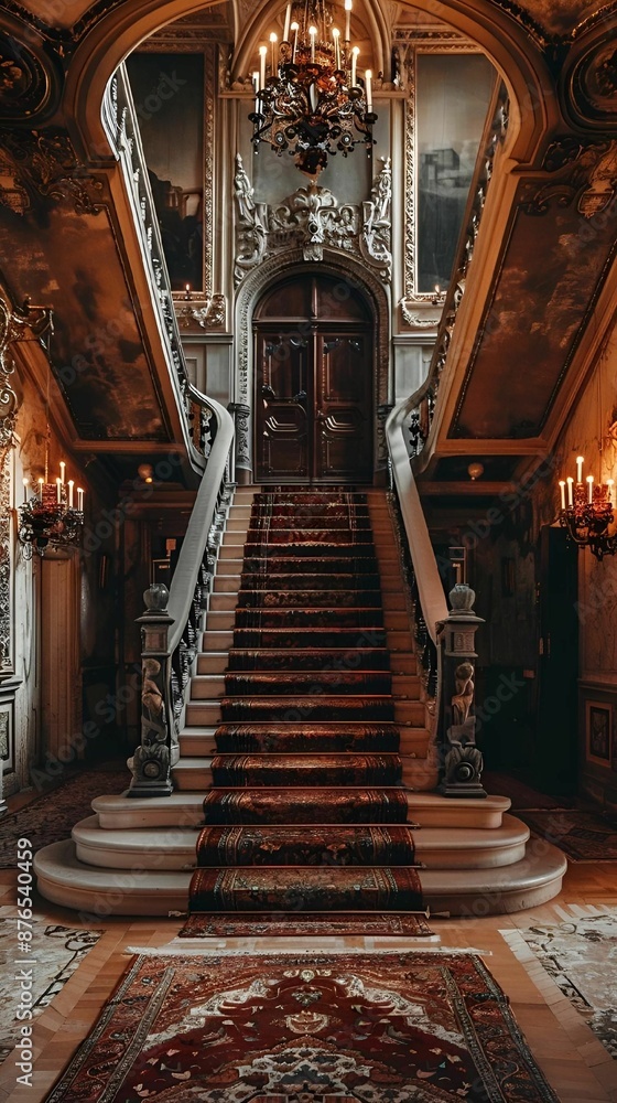 Luxurious grand staircase with ornate decorations and chandeliers in an ...