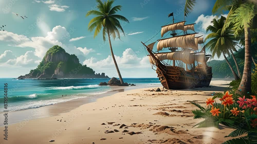 pirate ship stranded on the shore of a remote island, in anime or ...
