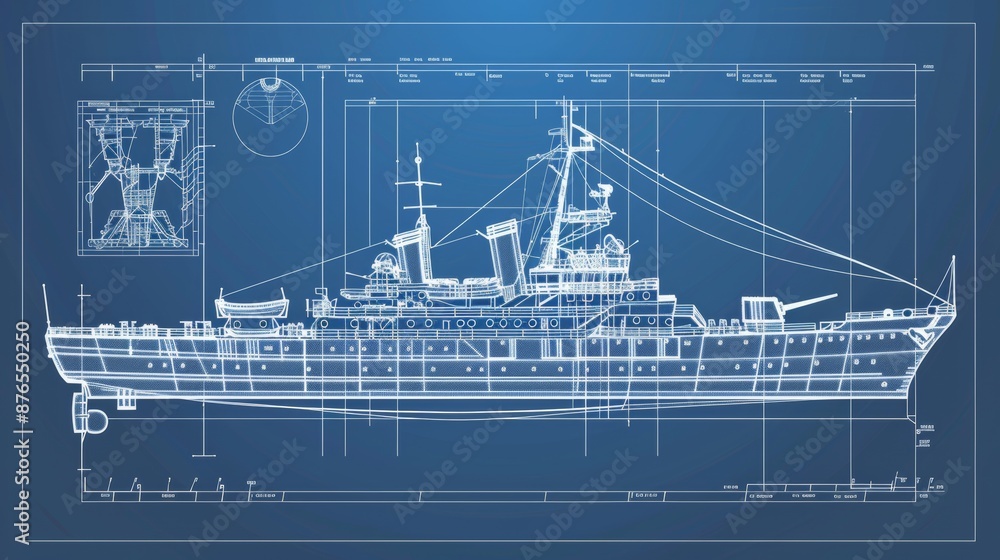Blueprint Style: A ship model presented in a blueprint or technical ...