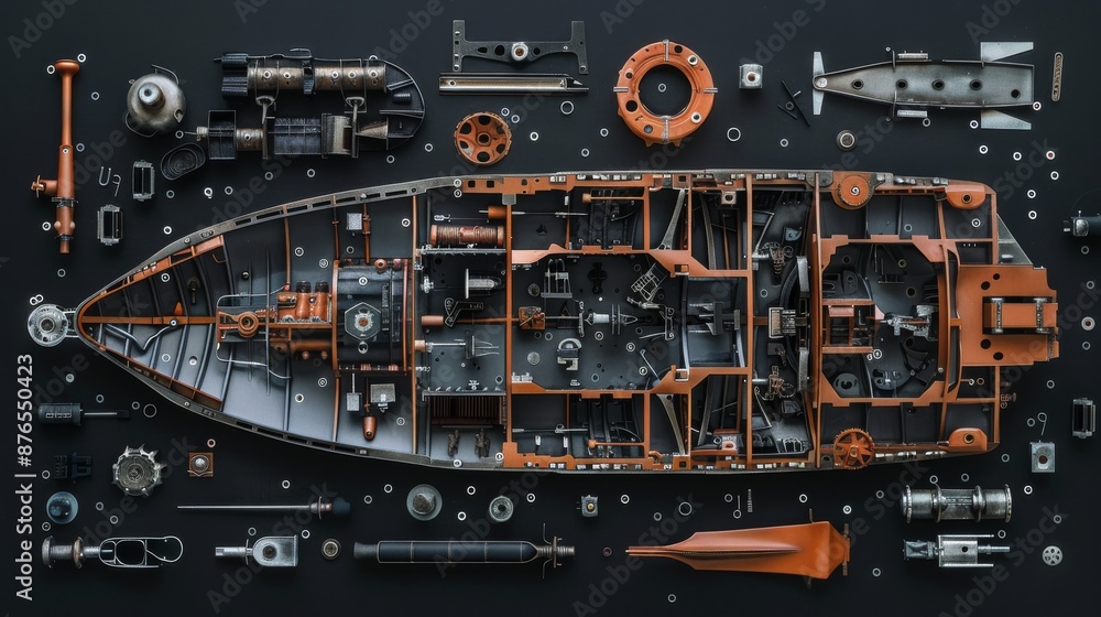 Exploded View: An exploded view of a ship model, with various parts ...