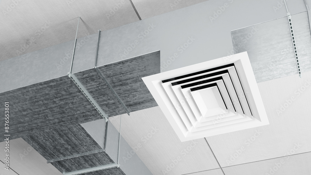 Industrial ventilation system. Steel square pipe with exhaust mesh. Air ...