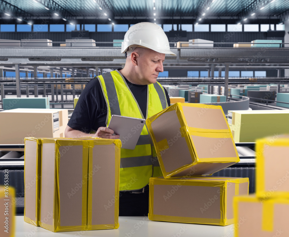 Man works on conveyor belt. Factory with production line. Conveyor ...