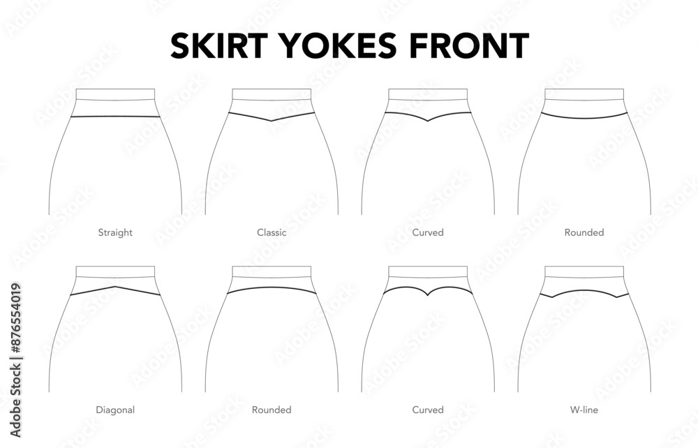 Set of Skirt Yokes Front styles - Straight, Classic, Curved Rounded ...