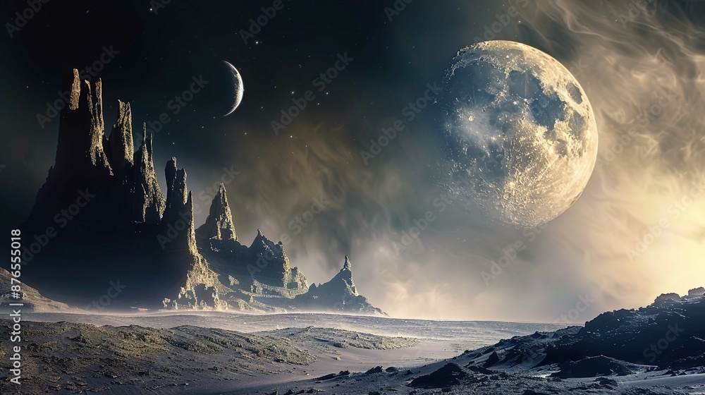 A surreal and otherworldly landscape featuring rugged, jagged rock ...