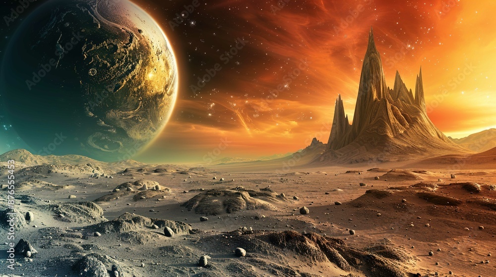 The image depicts an alien landscape scene set on the surface of an ...