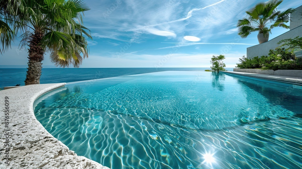 Stunning infinity pool overlooking the ocean with palm trees and clear ...